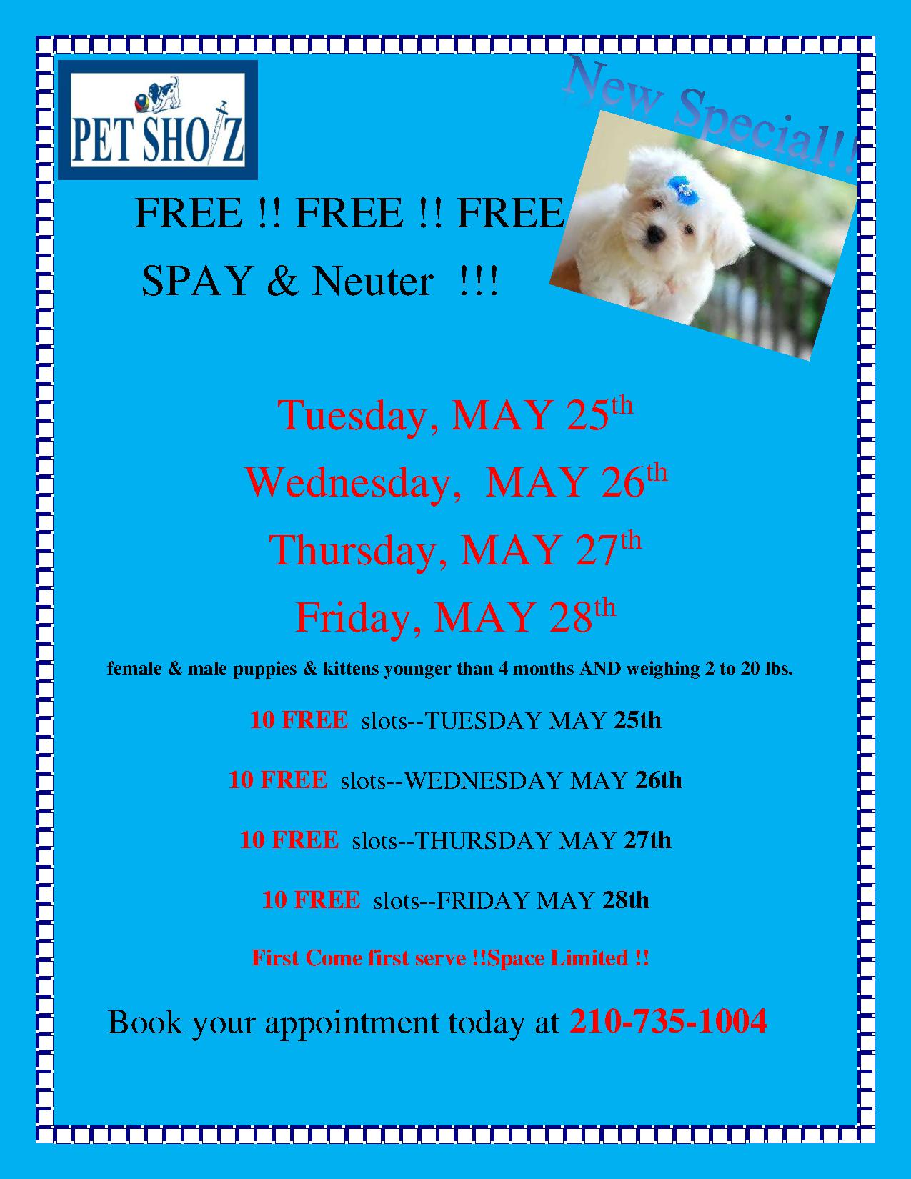 SPAY NEUTER SCOOTER SpecialsFlyer MAY 25th-28th 2021 | Pet Shotz, Inc.